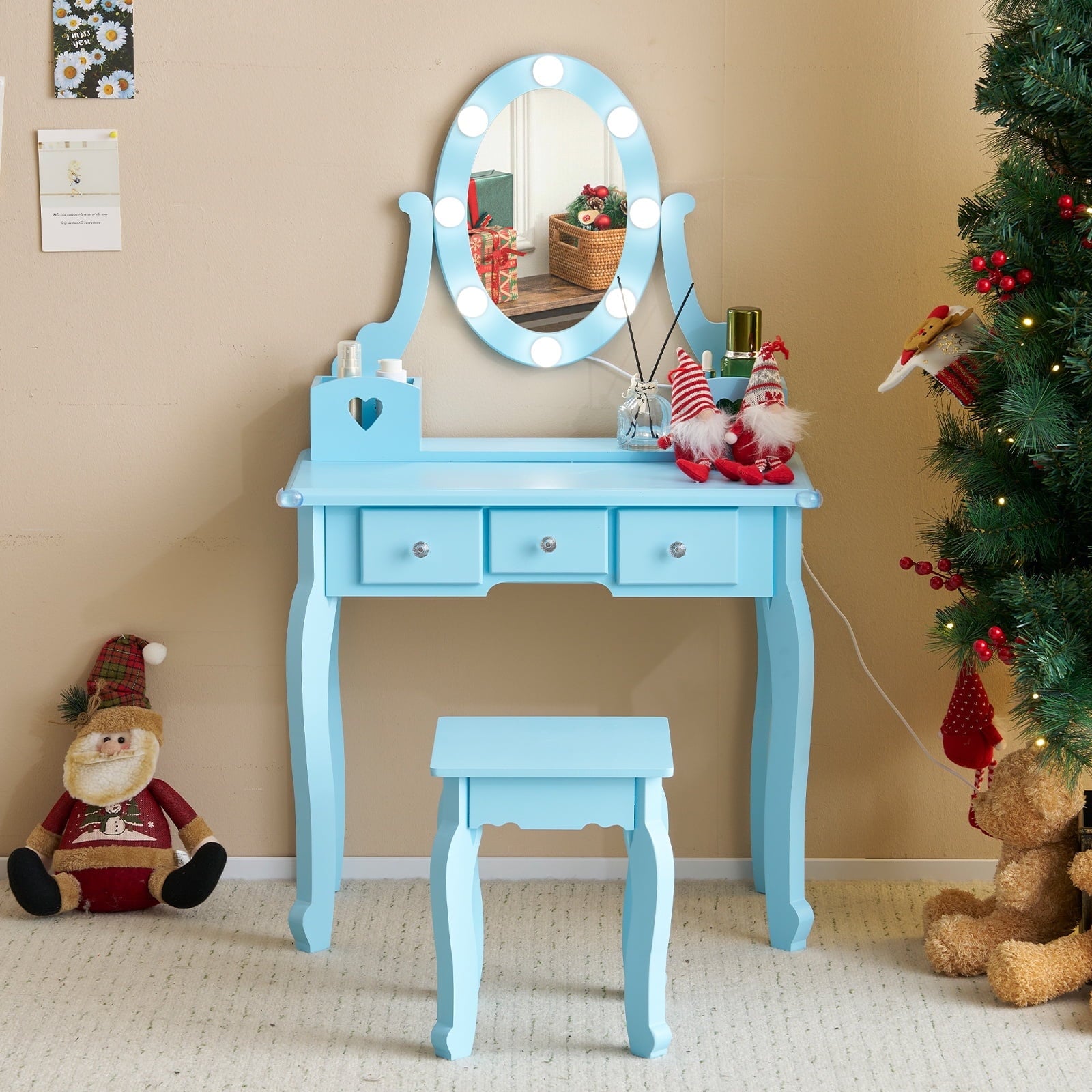 Princess Vanity Table with LED Lights & Stool, 5-Drawer Makeup Dresser ...