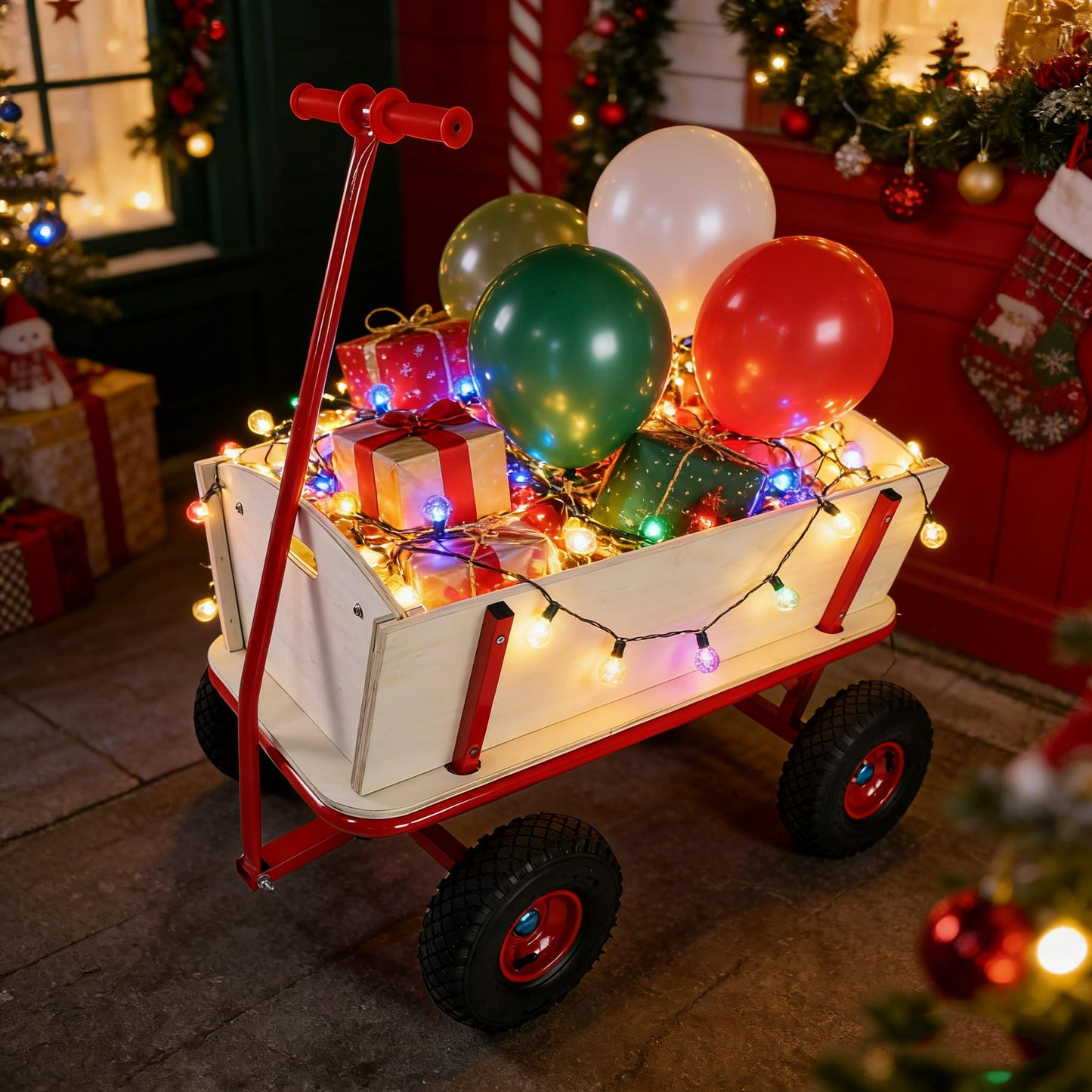 Outdoor Garden Wagon Cart with Wood Rails & Air Tires,All-Terrain Pull ...
